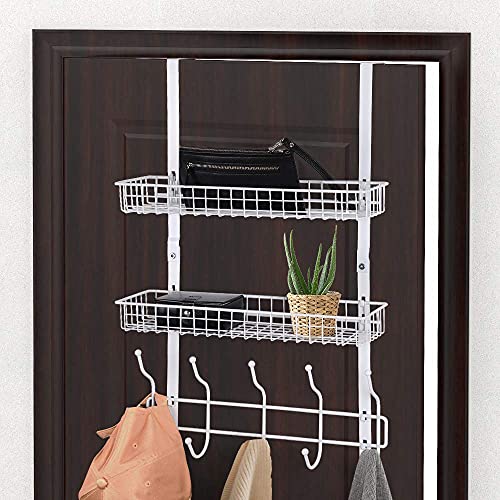 BTY Over The Door Hooks Organizer Hanger Metal Door Towel Hook Rack with 5 Hooks and 2 Baskets Door Coat Rack Storage Organizer for Bedroom Bathroom Kitchen (White)