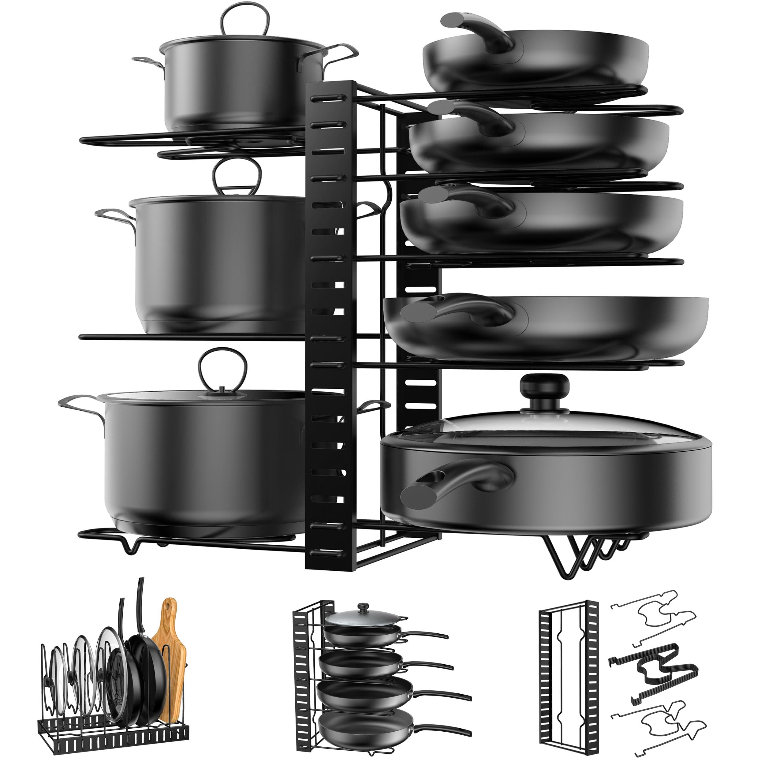 KAPTRON Pot Rack Organizer, 3 DIY Methods, Height and Position are Adjustable - 8 Pots Holder, Metal Kitchen Cabinet Pantry Pot Pan Lid Holder (BLACK)