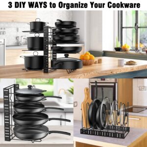 KAPTRON Pot Rack Organizer, 3 DIY Methods, Height and Position are Adjustable - 8 Pots Holder, Metal Kitchen Cabinet Pantry Pot Pan Lid Holder (BLACK)