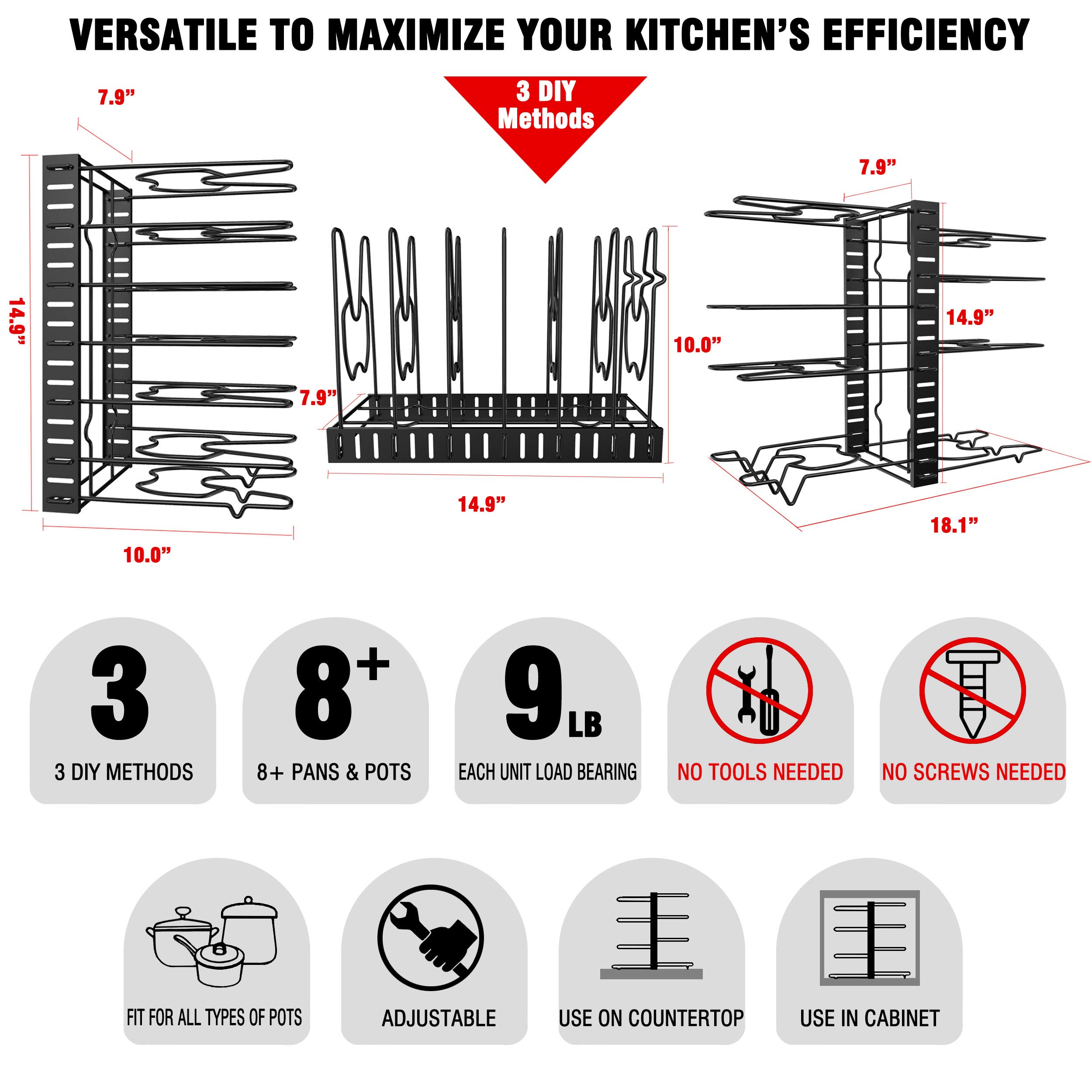 KAPTRON Pot Rack Organizer, 3 DIY Methods, Height and Position are Adjustable - 8 Pots Holder, Metal Kitchen Cabinet Pantry Pot Pan Lid Holder (BLACK)