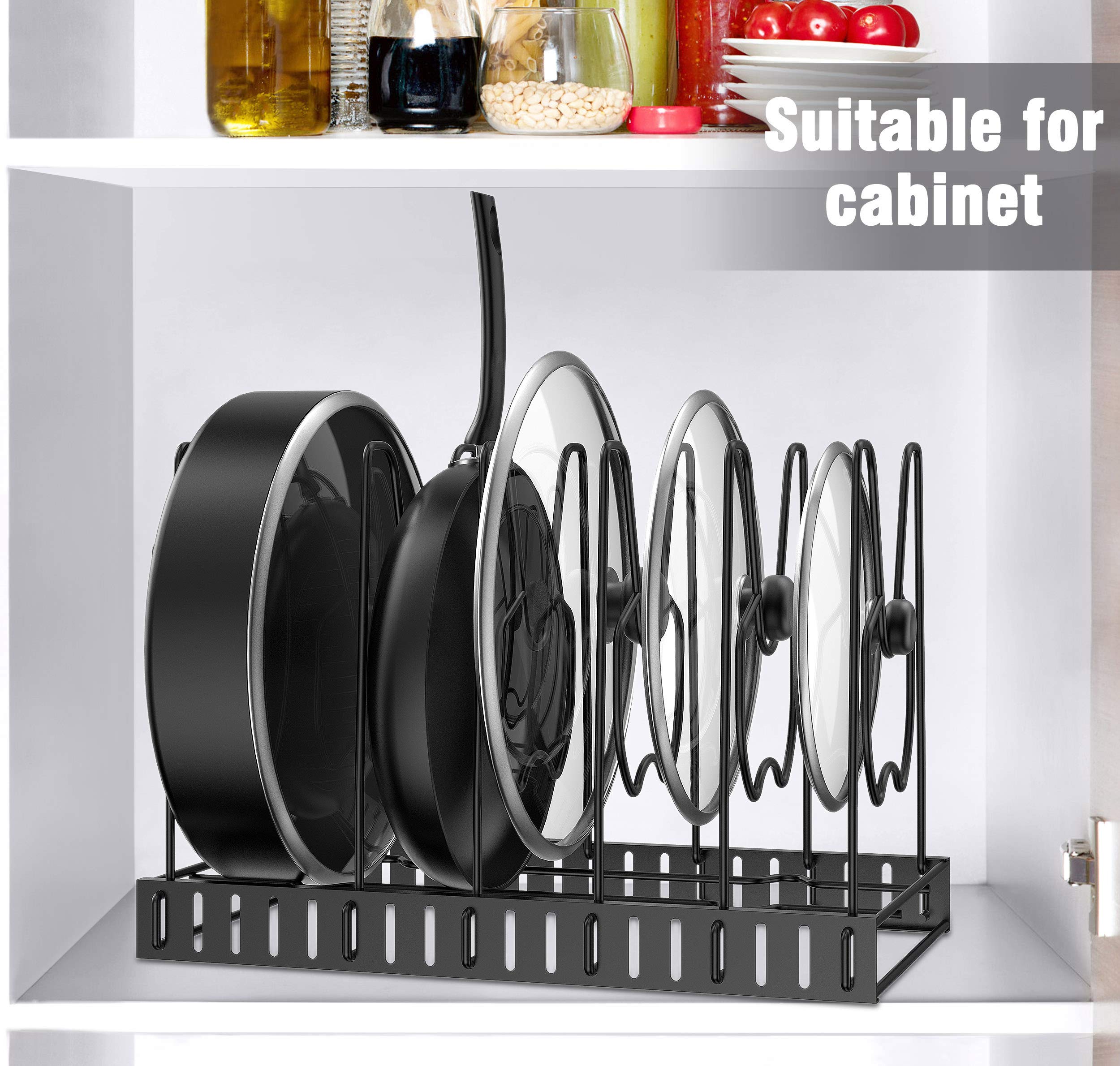 KAPTRON Pot Rack Organizer, 3 DIY Methods, Height and Position are Adjustable - 8 Pots Holder, Metal Kitchen Cabinet Pantry Pot Pan Lid Holder (BLACK)