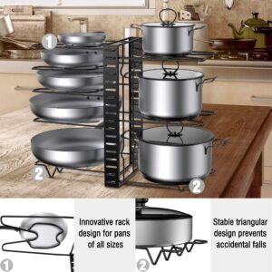 KAPTRON Pot Rack Organizer, 3 DIY Methods, Height and Position are Adjustable - 8 Pots Holder, Metal Kitchen Cabinet Pantry Pot Pan Lid Holder (BLACK)