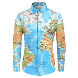 men's shirts world map printed casual long sleeve turndown collar button down fitted summer blouse (xxl, blue)