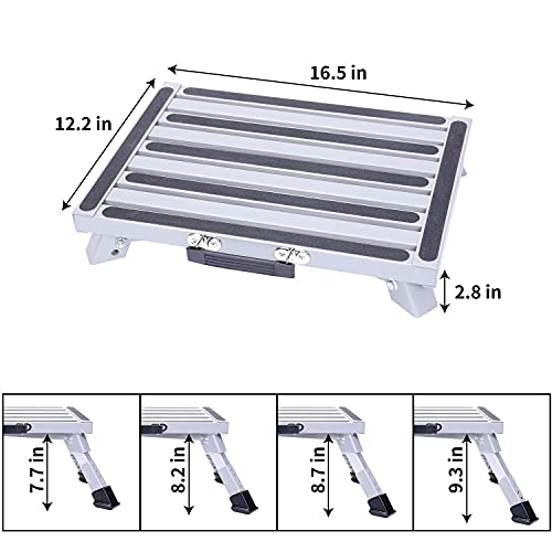 Homeon Wheels Stable RV Steps, Adjustable Aluminum Folding Platform Step with Non-Slip Rubber Feet, Gripper Strips, Reflective Strips and Handle, 16.5" x 12.2" RV Step Stool Supports Up to 1000lbs