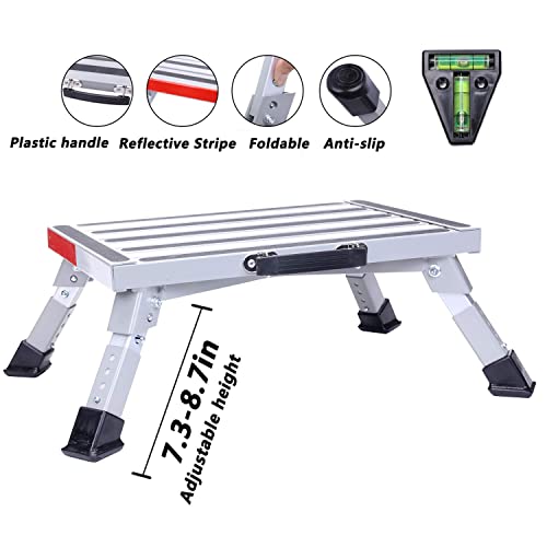 Homeon Wheels Stable RV Steps, Adjustable Aluminum Folding Platform Step with Non-Slip Rubber Feet, Gripper Strips, Reflective Strips and Handle, 16.5" x 12.2" RV Step Stool Supports Up to 1000lbs