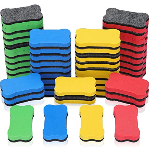 48 Pieces Magnetic Whiteboard Dry Eraser Office Erasers Bone Shaped Dry Erasers Fit for School, Home and Office, Red, Yellow, Blue and Green