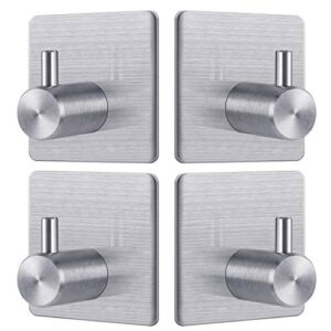 tbmax adhesive hooks towel hook - 4 pack heavy duty wall hooks, stainless steel hooks for hanging bathroom robe/coat/kitchen utensil/bag