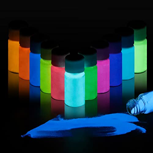 Glow in The Dark Powder 12 Colors Epoxy Resin Dye Luminous Pigment Safe Long Lasting for Fine Art, DIY Nail Art, Colorant, Acrylic Paint, DIY Crafts and Theme Party, 0.7oz Each