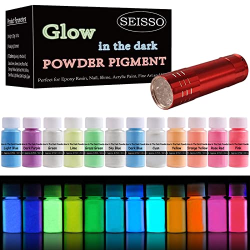 Glow in The Dark Powder 12 Colors Epoxy Resin Dye Luminous Pigment Safe Long Lasting for Fine Art, DIY Nail Art, Colorant, Acrylic Paint, DIY Crafts and Theme Party, 0.7oz Each