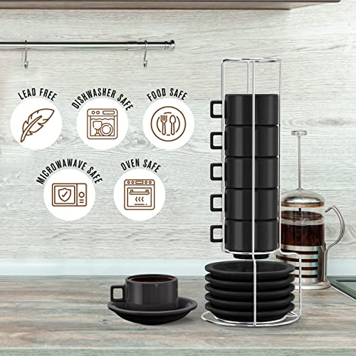 Houseables Espresso Cups and Saucers with Spoons, Black, Stackable Demitasse with Metal Stand, 19 Pieces, 2.5 Ounce, Porcelain, Tea Kit, Teacups, Turkish Coffee Mug, Organizer Rack