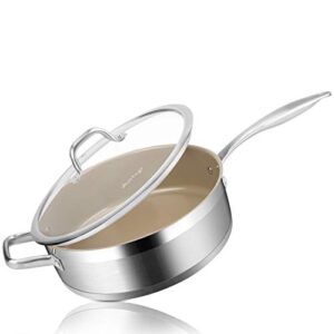 duxtop ceramic non-stick sauté pan, induction stainless steel sauté pan, 5.5-qt deep skillet with lid, professional grade and impact-bonded technology, fusion ti