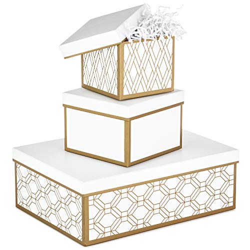 Hallmark Nested Gift Boxes with Lids and Fill (Set of 3, White and Gold, Assorted Sizes) for Valentine's Day, Weddings, Bridal Showers and More