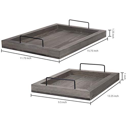 MyGift Rustic Gray Wood Serving Trays with Handles, Rectangular Nesting Coffee Ottoman Decorative Trays, 2 Piece Set