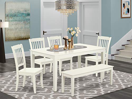 East West Furniture CADA6-LWH-W Capri 6 Piece Set Contains a Rectangle Kitchen Table and 4 Dining Chairs with a Bench, 36x60 Inch, Linen White