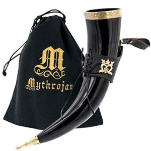 mythrojan the elegant lady viking drinking horn with black leather holder authentic medieval inspired viking wine/mead mug - polished finish