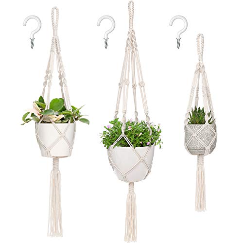 Mkono Macrame Plant Hangers, 3 Different Sizes Indoor Hanging Planters Basket Decorative Flower Pots Holder Stand Boho Home Decor, Ivory