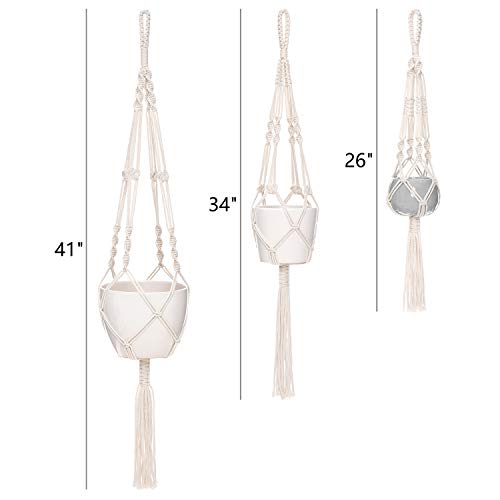 Mkono Macrame Plant Hangers, 3 Different Sizes Indoor Hanging Planters Basket Decorative Flower Pots Holder Stand Boho Home Decor, Ivory