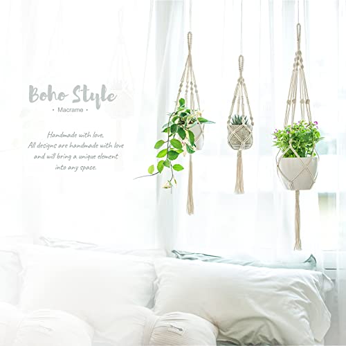 Mkono Macrame Plant Hangers, 3 Different Sizes Indoor Hanging Planters Basket Decorative Flower Pots Holder Stand Boho Home Decor, Ivory