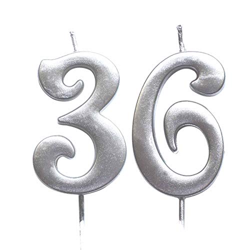 MAGJUCHE Silver 36th Birthday Numeral Candle, Number 36 Cake Topper Candles Party Decoration for Women or Men