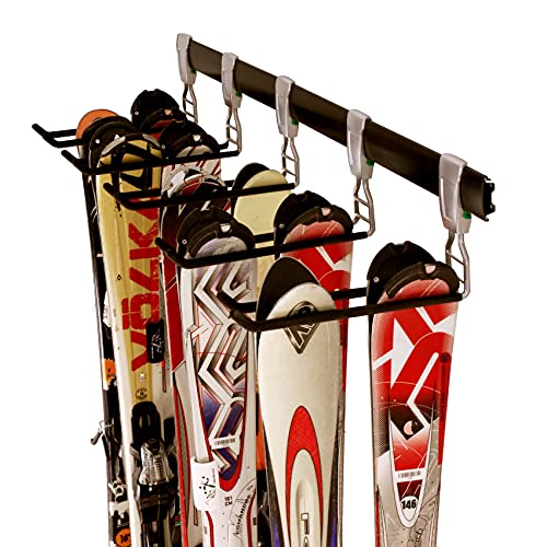 SafeRacks Wall Mounted Ski/Snowboard Rack - Includes 5 Storage Hooks