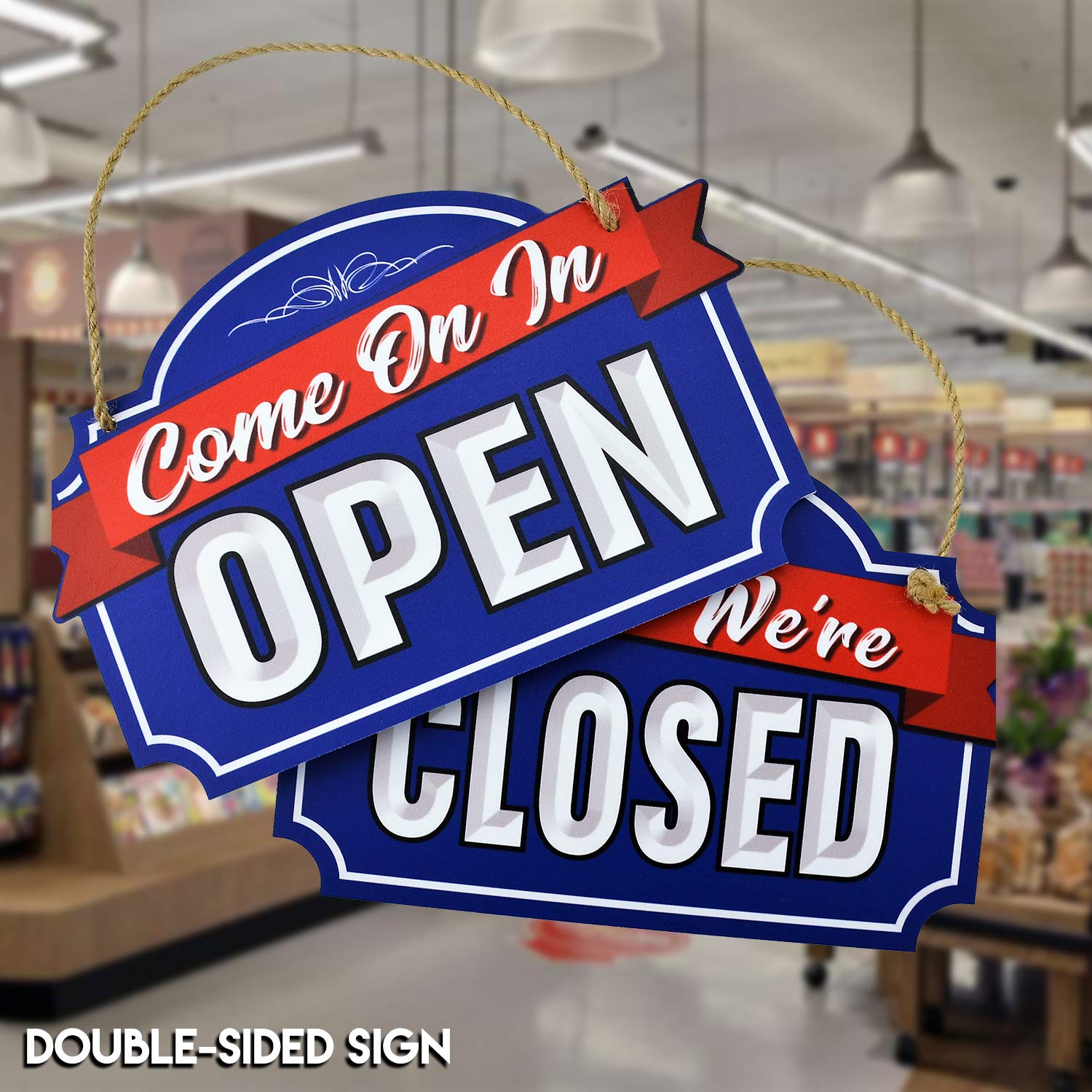 Bigtime Signs Open Closed Sign For Business Door - PVC 9" x 14" XL Reversible Double Sided with Rope for Hanging - Blue Background Open Signs For Business Decor | Modern Style Door Mount Sign