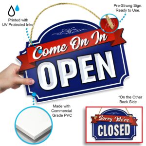 Bigtime Signs Open Closed Sign For Business Door - PVC 9" x 14" XL Reversible Double Sided with Rope for Hanging - Blue Background Open Signs For Business Decor | Modern Style Door Mount Sign