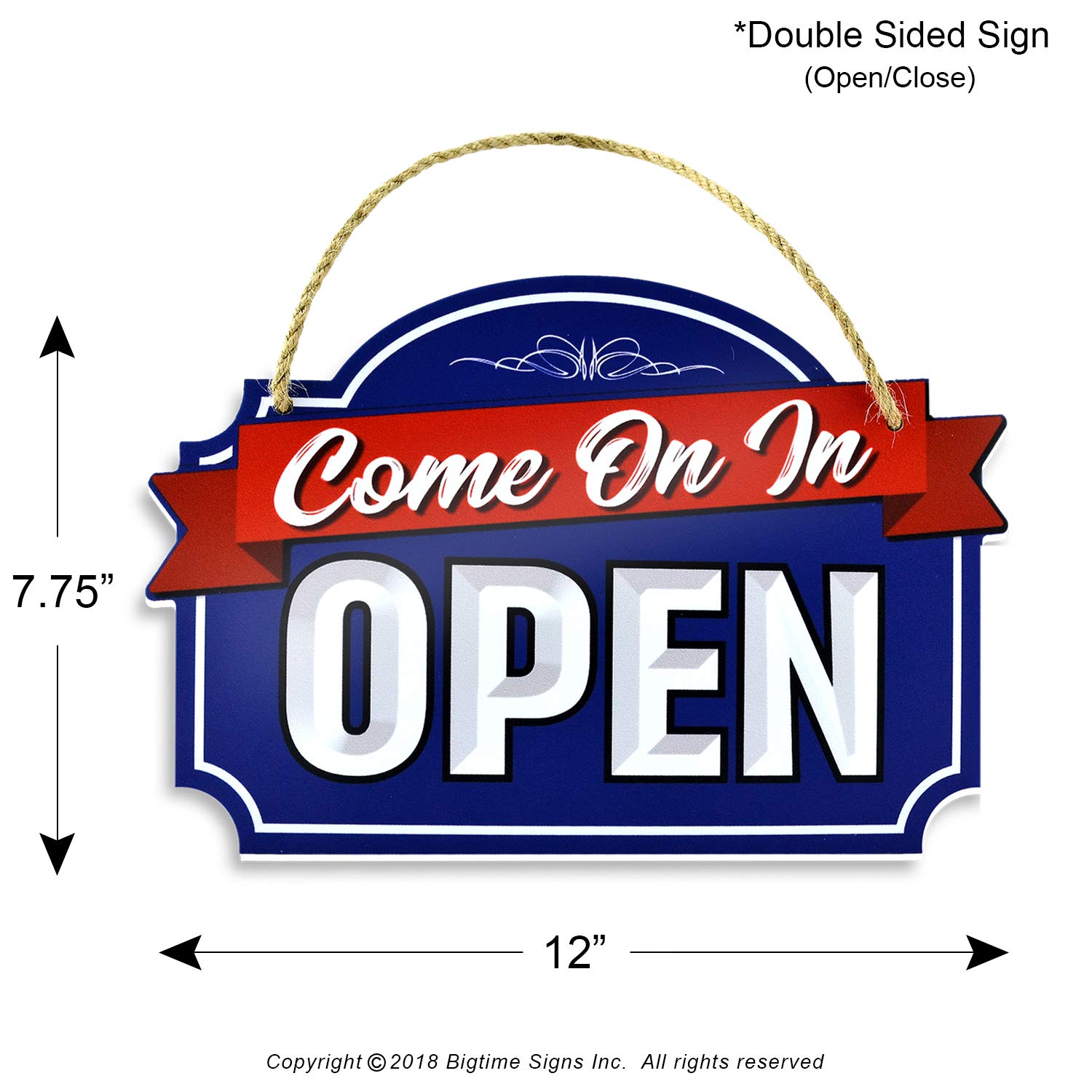 Bigtime Signs Open Closed Sign For Business Door - PVC 9" x 14" XL Reversible Double Sided with Rope for Hanging - Blue Background Open Signs For Business Decor | Modern Style Door Mount Sign