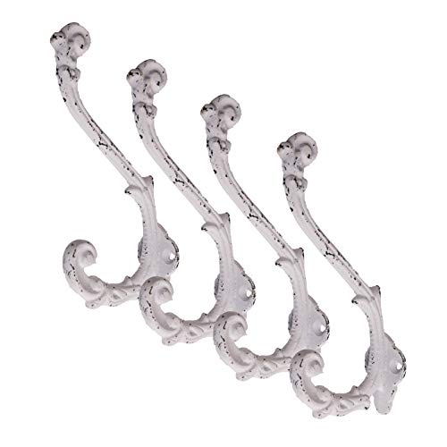 CRAFTSMAN ROAD Vintage Cast Iron Wall Hooks (Antique White Finish, Set of 4) - Rustic, Farmhouse, Shabby Chic, French Country Coat Hooks | Great for Coats, Bags, Towels, Hats | French Slender