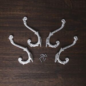 CRAFTSMAN ROAD Vintage Cast Iron Wall Hooks (Antique White Finish, Set of 4) - Rustic, Farmhouse, Shabby Chic, French Country Coat Hooks | Great for Coats, Bags, Towels, Hats | French Slender