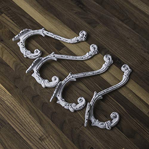 CRAFTSMAN ROAD Vintage Cast Iron Wall Hooks (Antique White Finish, Set of 4) - Rustic, Farmhouse, Shabby Chic, French Country Coat Hooks | Great for Coats, Bags, Towels, Hats | French Slender