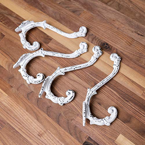 CRAFTSMAN ROAD Vintage Cast Iron Wall Hooks (Antique White Finish, Set of 4) - Rustic, Farmhouse, Shabby Chic, French Country Coat Hooks | Great for Coats, Bags, Towels, Hats | French Slender