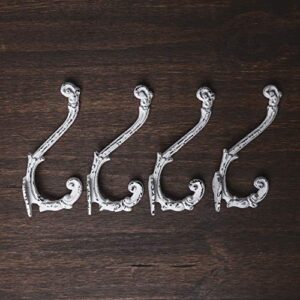 CRAFTSMAN ROAD Vintage Cast Iron Wall Hooks (Antique White Finish, Set of 4) - Rustic, Farmhouse, Shabby Chic, French Country Coat Hooks | Great for Coats, Bags, Towels, Hats | French Slender