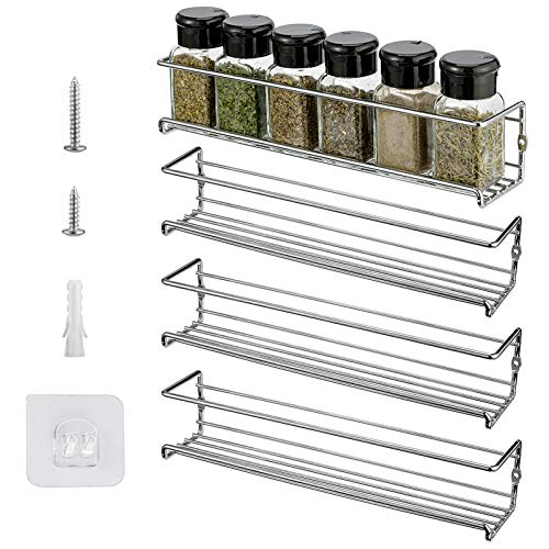 X-Chef Spice Rack Wall Mount, 4 Hanging Spice Racks Spice Organizers for Cabinet Pantry Door, Kitchen Cupboard, Seasoning Storage Spice Shelf, Chrome Finished