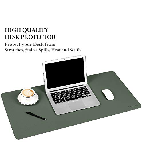 Office Desk Pad Desktop Protector, Upgrade Sewing Edge 35.4 x 17Inch PU Leather Desk Mat, Gaming Mouse Pad, Waterproof Desk Blotter Pad, Double Sides(Dark Green/Gray)