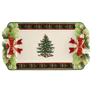 spode christmas tree figural tartan tray | christmas serving tray with tartan border | christmas tray - made of fine earthenware | christmas serving trays for serving food | dessert tray - 12"