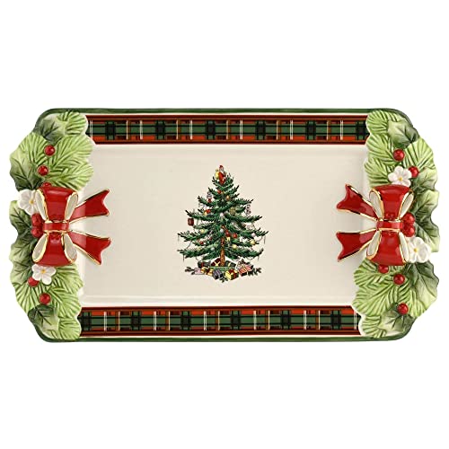 Spode Christmas Tree Figural Tartan Tray | Christmas Serving Tray with Tartan Border | Christmas Tray - Made of Fine Earthenware | Christmas Serving Trays for Serving Food | Dessert Tray - 12"