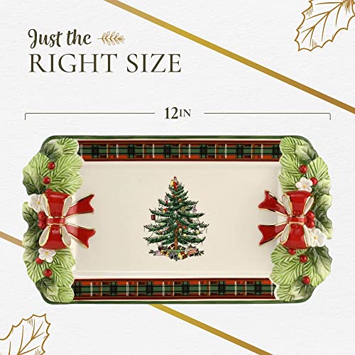 Spode Christmas Tree Figural Tartan Tray | Christmas Serving Tray with Tartan Border | Christmas Tray - Made of Fine Earthenware | Christmas Serving Trays for Serving Food | Dessert Tray - 12"