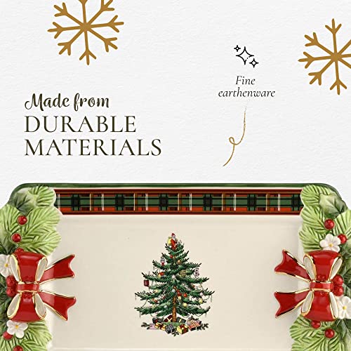 Spode Christmas Tree Figural Tartan Tray | Christmas Serving Tray with Tartan Border | Christmas Tray - Made of Fine Earthenware | Christmas Serving Trays for Serving Food | Dessert Tray - 12"