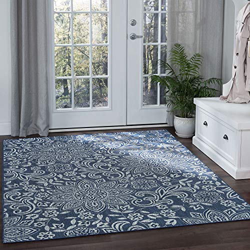 Navy Jute Water Resistant Large Indoor Outdoor Rug 5x7 for Patio Entryway Deck Garden Outside Porch Hallway Entry Way Area - Waterproof Living Room Bedroom Kitchen Carpet Alfombras para Exteriores