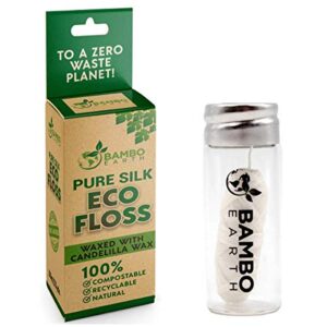 biodegradable mint dental tooth lace floss with refillable & reusable glass holder - 100% organic natural and compostable teeth silk spool waxed with candelilla wax & eco-friendly zero waste packaging