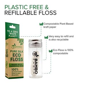 Biodegradable Mint Dental Tooth Lace Floss With Refillable & Reusable Glass Holder - 100% Organic Natural and Compostable Teeth Silk Spool Waxed With Candelilla Wax & Eco-Friendly Zero Waste Packaging