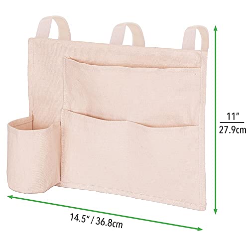 mDesign Cotton Canvas Bedside Hanging Storage Organizer Caddy for Dorm, Bedroom Bed Frame - 4 Pockets, 3 Loops - Holds Phone, Remote Control, Magazines, Bottle Drinks - Crane Collection - Light Pink