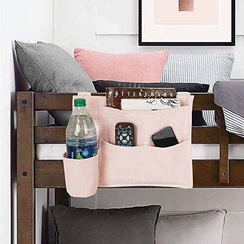 mDesign Cotton Canvas Bedside Hanging Storage Organizer Caddy for Dorm, Bedroom Bed Frame - 4 Pockets, 3 Loops - Holds Phone, Remote Control, Magazines, Bottle Drinks - Crane Collection - Light Pink