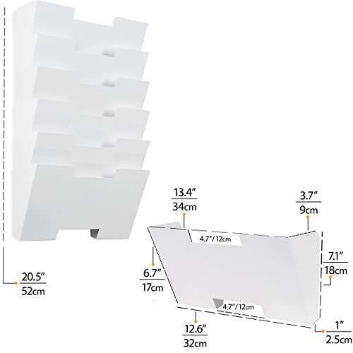 Wallniture Lisbon 13" Wall File Holder Organizer for Office Organization and Storage, 6-Tier Magazine Holder Metal White