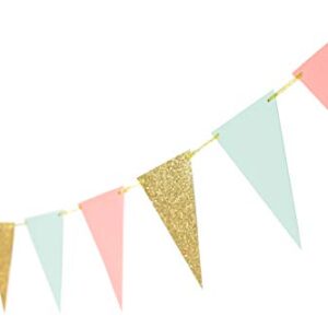 Glitter Gold Mint Coral Party Banner Decoration Anniversary Graduation Supplies Paper Garland Pennant for Baby Shower Birthday Party Nursery Anniversary Decorations 10 Feet 15 Pcs (Gold Coral Mint)