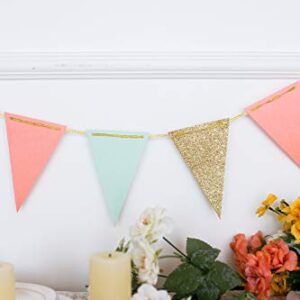 Glitter Gold Mint Coral Party Banner Decoration Anniversary Graduation Supplies Paper Garland Pennant for Baby Shower Birthday Party Nursery Anniversary Decorations 10 Feet 15 Pcs (Gold Coral Mint)