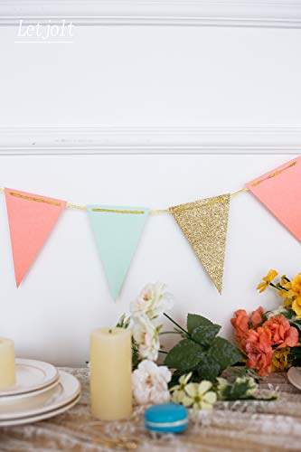 Glitter Gold Mint Coral Party Banner Decoration Anniversary Graduation Supplies Paper Garland Pennant for Baby Shower Birthday Party Nursery Anniversary Decorations 10 Feet 15 Pcs (Gold Coral Mint)