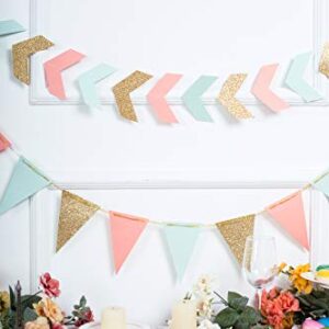 Glitter Gold Mint Coral Party Banner Decoration Anniversary Graduation Supplies Paper Garland Pennant for Baby Shower Birthday Party Nursery Anniversary Decorations 10 Feet 15 Pcs (Gold Coral Mint)