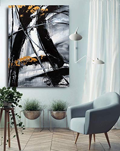 Yihui Arts Canvas Wall Art Decor Hand Painted Black and White Abstract Painting Large Art Pictures Modern Artwork for Living Room Bedroom Office Decor (24x36IN)