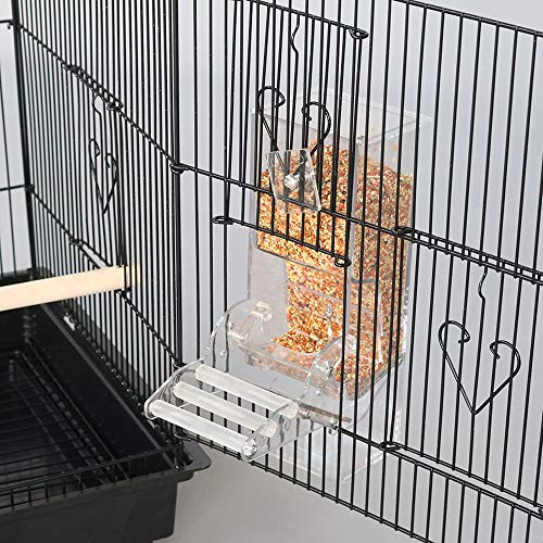 Automatic Bird Seed Feeder with Perch, Free Install Acrylic Transparent Parrot Foraging Feeders Cage Accessories for Small and Medium Parrots Parakeets Cockatiels Lovebirds Sun Conures Caique Finches